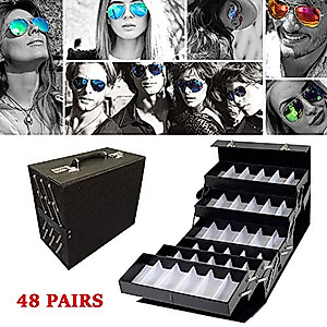 TFCFL Sunglasses Organizer, Sunglasses Slot Display Case,Sunglasses Jewelry Collection Storage Holder Box with Clear Glass Lid PU (48 Slots)