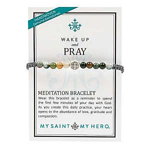 My Saint My Hero Wake Up and Pray Meditation Bracelet, Handwoven - Slate Cording, Mixed Agate Genuine Gemstones, Silver Benedictine Cross Medal, and Silver "Blessed" Tag