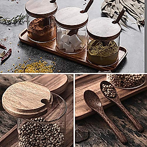 Freehawk Condiment Container Seasoning Box Set Salt Sugar Spice Pepper Condiment Container Kitchen Cruet Seasoning Pots with Bamboo Wooden Spoon Lid and Base,Set of 3(250ml Round Shape)