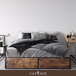 CAPHAUS Industrial Metal Storage Bed Frame with 4 Drawers, Mattress Foundation with Metal Slat Support, Space Saving Platform Bed Frame, Noise-Free, No Box Spring Needed, Queen Size, Rustic Oak Board