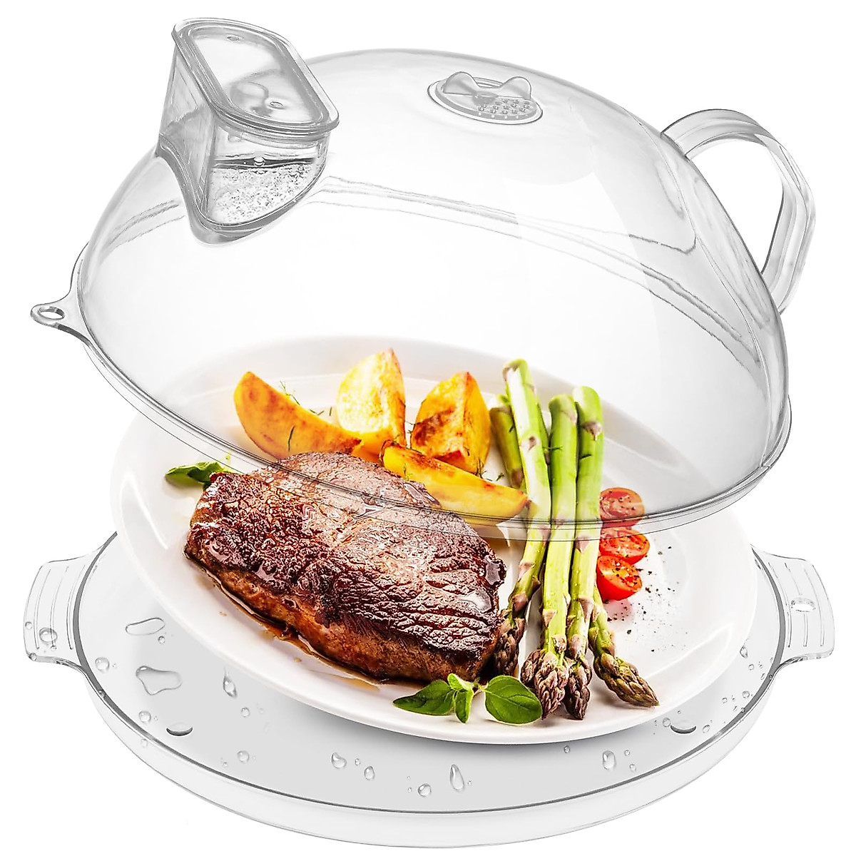 WENWELL Microwave Cover with Water Steamer & Tray,Food Protector for Splatter Guard,Dish Bowl Plate Serving Lid with Handle,BPA-Free,Clear Safe Plastic,10 Inchs