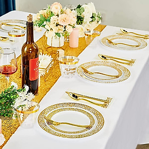 350 Piece Dinnerware Set for Wedding & Party,50 Guest Lace Design Plastic Plates,50 Plastic Silverware,50 Cups,50 Linen Like Napkins,50 Guest Disposable Dinnerware Set (Gold)