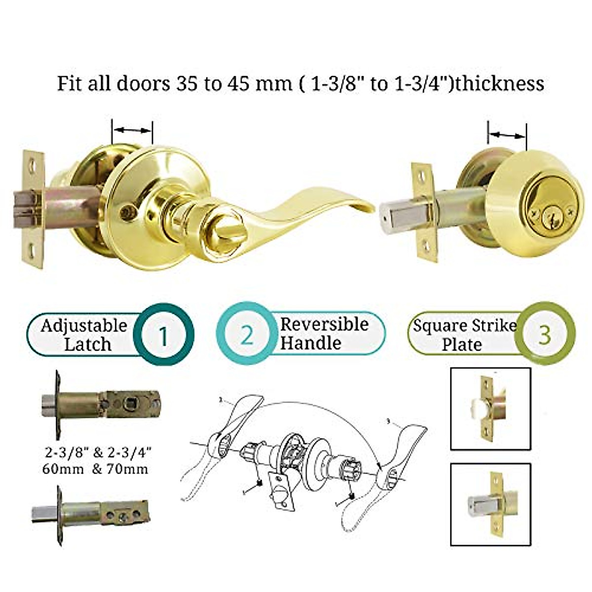 Keyed Alike Front Door Entry Lever with Double Cylinder Deadbolts,Polished Brass,Exterior Entrance Lever Door Handle,Wave Shape Door Lock Gold,Interior Door Handle Set for Front/Back Gate