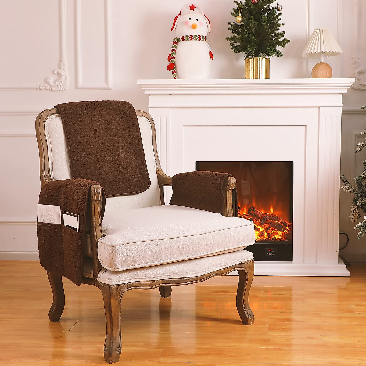 3 Pcs Recliner Covers Sherpa Arm Covers for Recliner Chair with Storage Pockets Headrest Cover for Recliner Chair 22.8 x 14.5 Inch Armchair Slipcovers for Sofa Recliner Protector (Brown)