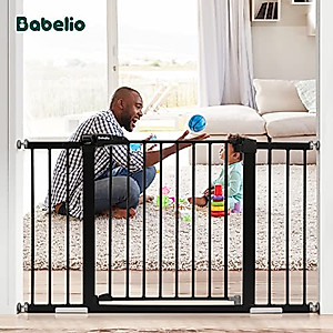 Mom's Choice Award Winner-BABELIO Metal Baby Gate, 29-48'' Extra Wide Pet Gate, Walk Thru Child Safety Gate with Door, Pressure Mounted Dog Gate for Doorways & Stairs, with Y Spindle Rods,Black