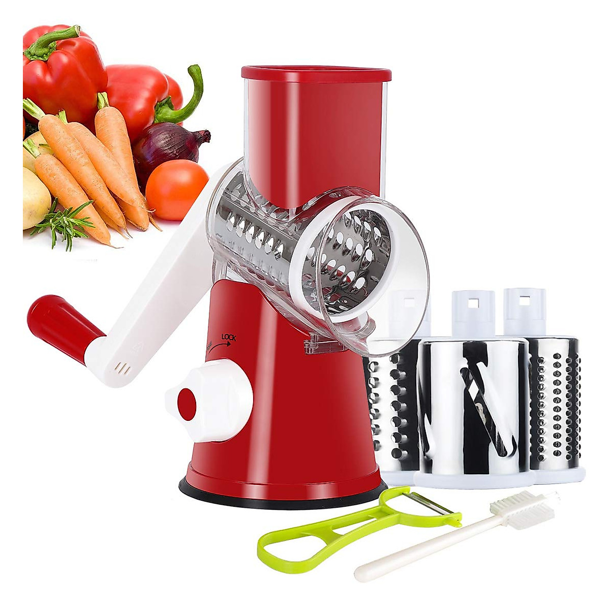 Ourokhome Rotary Cheese Grater Hand Crank, Kitchen Shredder Speed Mandolin Slicer Nut Grinder with Handle and Drum Blades for Cheese, Vegetable, Walnut, Chocolate, Potato, Carrot, 3 Blades, Red