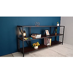 Industrial Bookshelf 3 Shelf Bookcase,Rustic Farmhouse Book Shelves,Solid Wood Three Tier Open Bookcase ,Industrial Wood and Black Metal Bookshelves, Industrial Bookshelf for Living Room Home Office