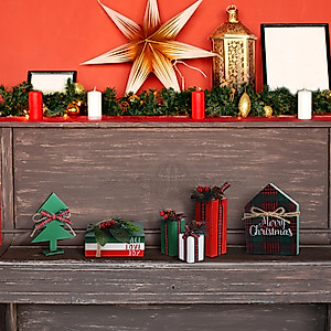 Kigley 6 Pcs Christmas Wooden Table Decorative Xmas Tiered Tray Decor Wooden Block Firework Book Sign for Xmas Home Farmhouse Table Decor(Classic)