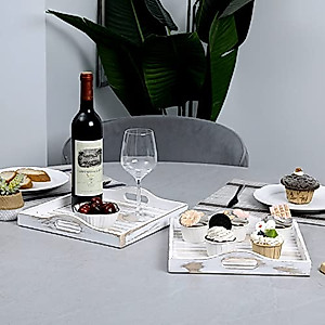 MyGift Whitewashed Wood Large Ottoman Tray with Handles, 11 X 11 Square Slatted Design Breakfast Coffee Table Tray, Set of 2 Serving Tray