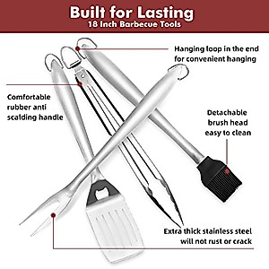 CTCCORC 18 Inch Grill Tool Sets, 4PCS BBQ Barbecue Tool Sets with Durable Spatula, Fork, Tongs, Basting Brush, Heavy Duty Stainless Steel Outdoor Cooking Tools Camping Grilling Tools Accessories