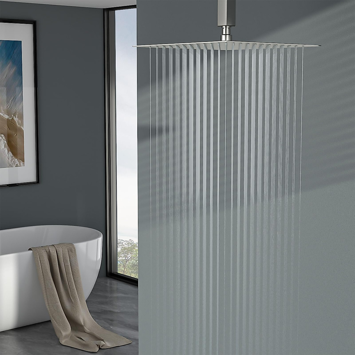 Lordear Rain Shower Head 12 Inch Solid Ultra Thin 304 Stainless Steel Adjustable Square Rainfall Shower Head Full Body Coverage with Silicone Nozzle 12” Waterfall Showerhead,Brushed Nickel