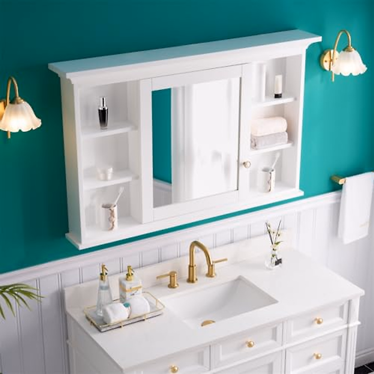 WELLFOR 48"x 30" Wall Mounted Medicine Cabinet with Double-Side Mirrors, Solid Wood Mirror Cabinet Storage with Open/Built-in 6 Shelves and Soft-Close Door, Wood Medicine Cabinet with Mirror