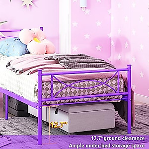 Purple Twin Bed Frames with Storage for Girls Adults Teens, Single Bed Metal Twin Size Beds, Twin Bed Frame No Box Spring Needed Twin Platform with Headboard for Students