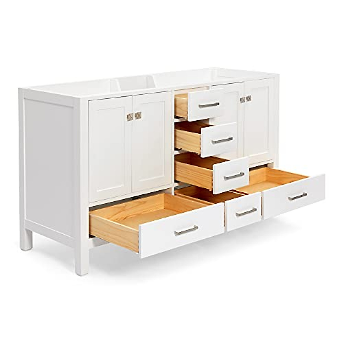 DKB Beckford Series 60" Inch Bathroom Base Cabinet in White, Double Sink Configuration, 4 Soft Closing Doors, 6 Full Extension Dovetail Drawers