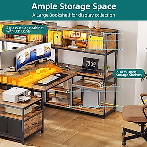 YITAHOME L Shaped Desk with Power Outlets, 78.7" Reversible Computer Desk with Drawers & Bookshelf, Corner Office Desk with LED Lights and Storage Shelves for Home Office, Rustic Brown