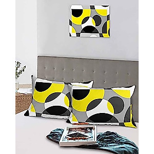 Yellow Black Grey Pillow Covers Standard Size Set of 2 Bed Pillow, Modern Geometric Abstract Art Aesthetics Plush Soft Comfort for Hair/ Skin Cooling Pillowcases with Envelop Closure 20''x26''