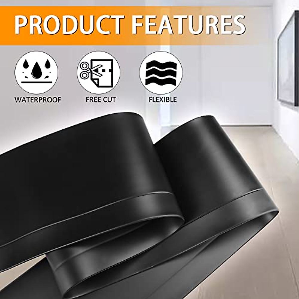 Vinyl Wall Base 4" Vinyl Baseboard Molding Flexible Vinyl Floor Base with 1" Crease Rubber Base Molding for Wall Easy to Install Use to Cover Wall Crevice (5" Wide x 19.7' Long, Black)