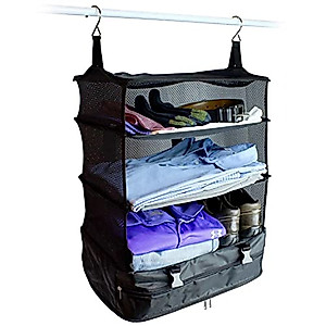 KUYYFDS Portable Travel Storage Bag, Hook Hanging Organizer Wardrobe Clothes Storage Rack Holder Travel Suitcase Shelves-Black Toiletry Bags