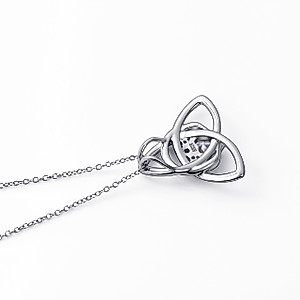 FLYOW 925 Sterling Silver Good Luck Irish Claddagh Celtic Knot Love Heart Pendant Necklace for Women Ladies Birthday Valentine's Day Graduation Christmas, 18 Inch Rolo Chain