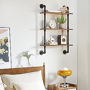 YMYNY Industrial Pipe Shelf Bracket, 3 Tiers Retro Wall Mounted Floating Shelf, Wood DIY Bookshelf, Storage Shelves for Living Room, Bedroom, Office, 24" Farmhouse Bathroom Shelving, UHRF-TM003