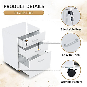 QDSSDECO 3 Drawer Mobile File Cabinet, Rolling Vertical Filing Cabinet fits A4, Legal Paper and Letter Paper for Home Office, White with Lock