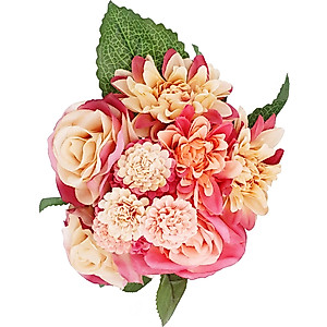 SUPICKET 1 Bunch 8 Pcs Artificial Rose Dahlia Daisy Flower Bouquet Bride Bridesmaid Holding Flowers for Home Hotel Office Wedding Party Garden Craft Art Decor, Red&Orange