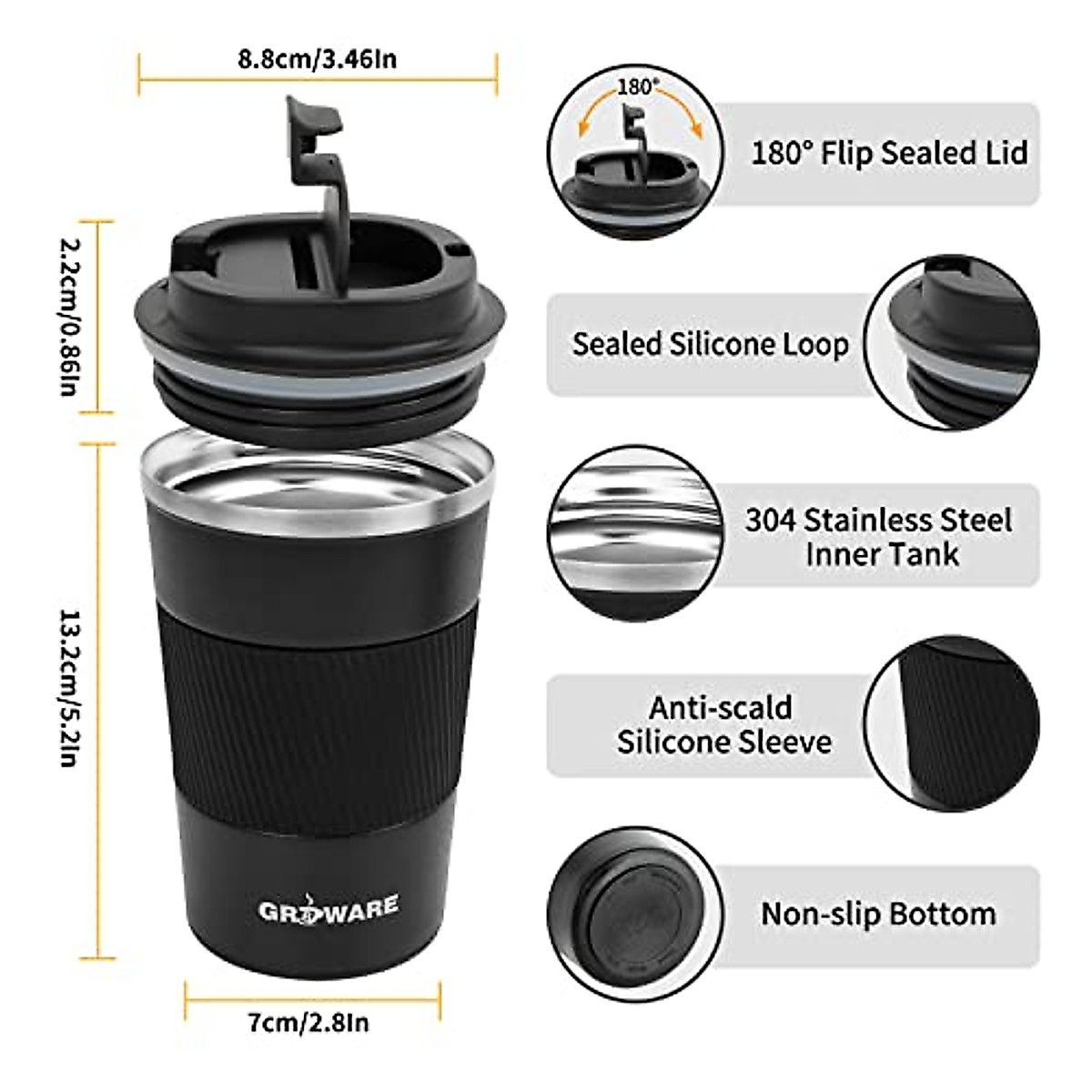 Travel Coffee Mug, 13oz Vacuum Stainless Steel Insulated Coffee Mug with Leakproof Lid, Coffee to Go Double Walled Travel Tumbler for Outdoor, Home, Office Ideal for Ice Drinks, Hot Beverage (Black)