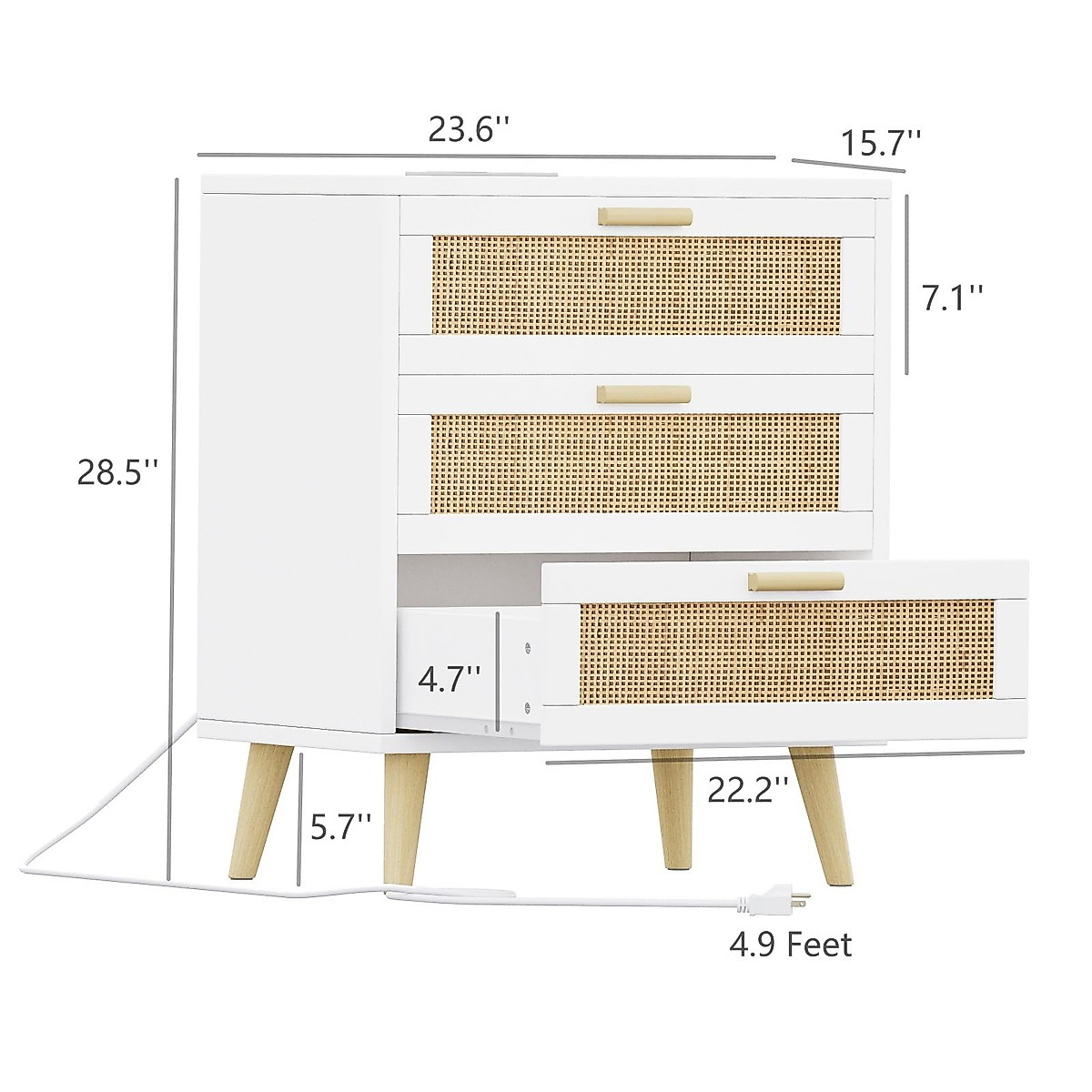 Irontar Rattan Nightstand with Charging Station, Night Stand with Rattan Decorated Drawers, Accent End Table, Bedside Table with Solid Wooden Legs for Bedroom, White and Natural BZZ006WME