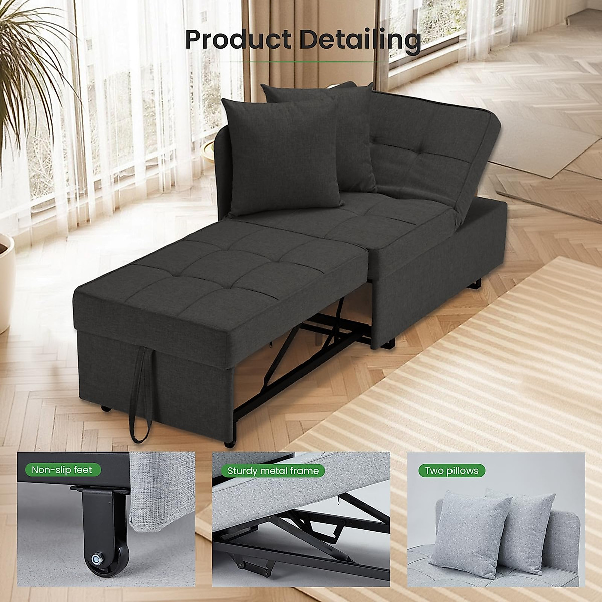 BUPPLEE 4-1 Convertible Sleeper Chair Bed, Sleeping Chairs for Adults, Sleeper Sofa Bed with 2 Pillows & Adjustable Backrest for Small Loft Apartment Office Living Room,Black