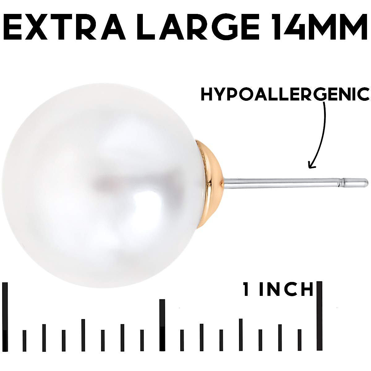 Large Pearl Earrings for Women - Big Pearl Earrings for Women Studs, Large Pearl Studs Earrings for Women, Oversized Pearl Earrings 14mm White Faux Pearl Earring Studs, Big Stud Earrings for Women