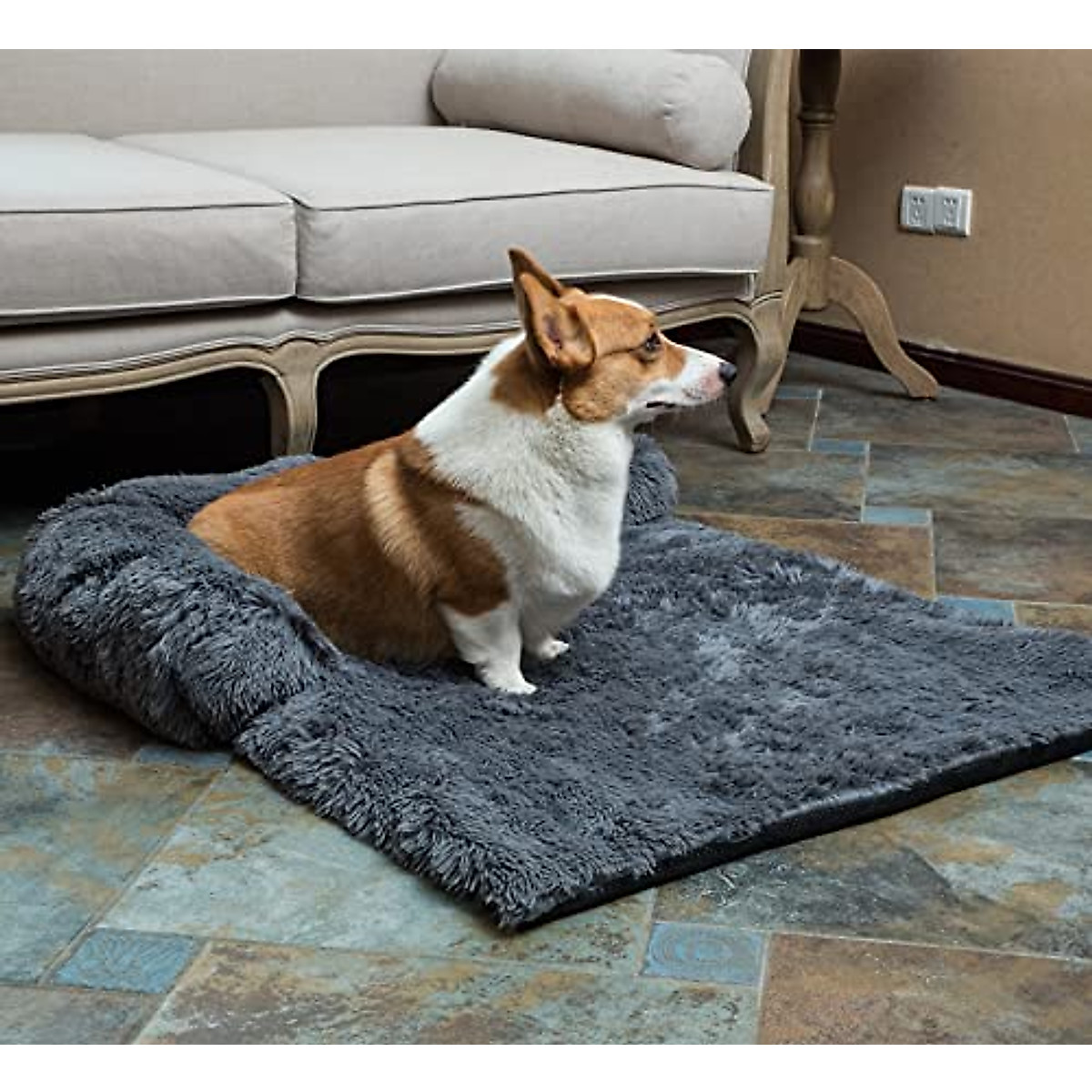 Coohom Calming Dog Bed Pet Couch Protector Dog Cat Bed Mats for Furniture with Removable Washable Cover,Plush Sofa Cover Cushion with Soft Neck Bolster (Medium 36", Grey)