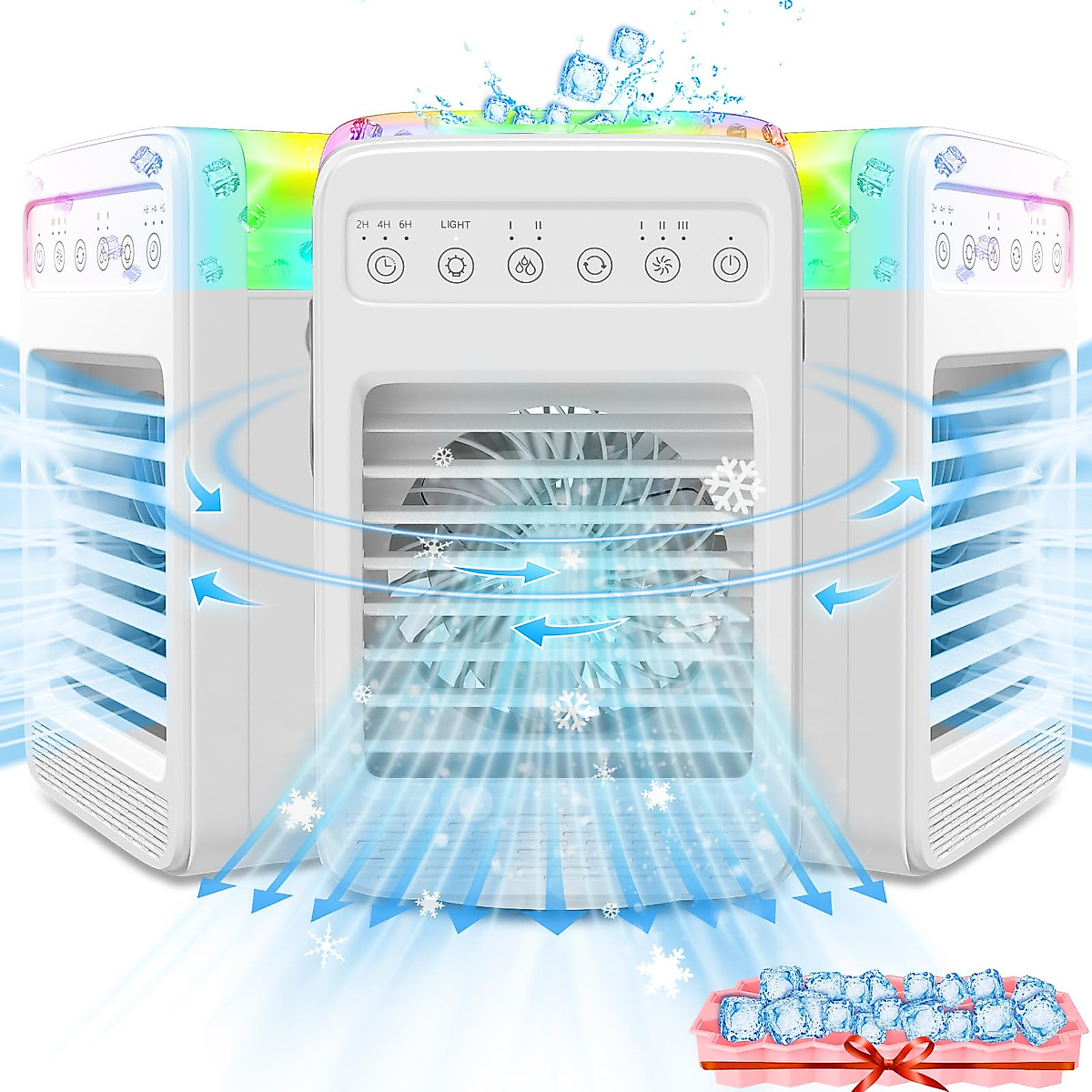 Portable Air Conditioners, 3-IN-1 Mini Air Conditioners,180 ° oscillation with 4 Wind Speed Air Cooler, 7 LED Light AC Unit, Large Water Tank Portable AC for Room/Living room/Classroom/Office/Garage