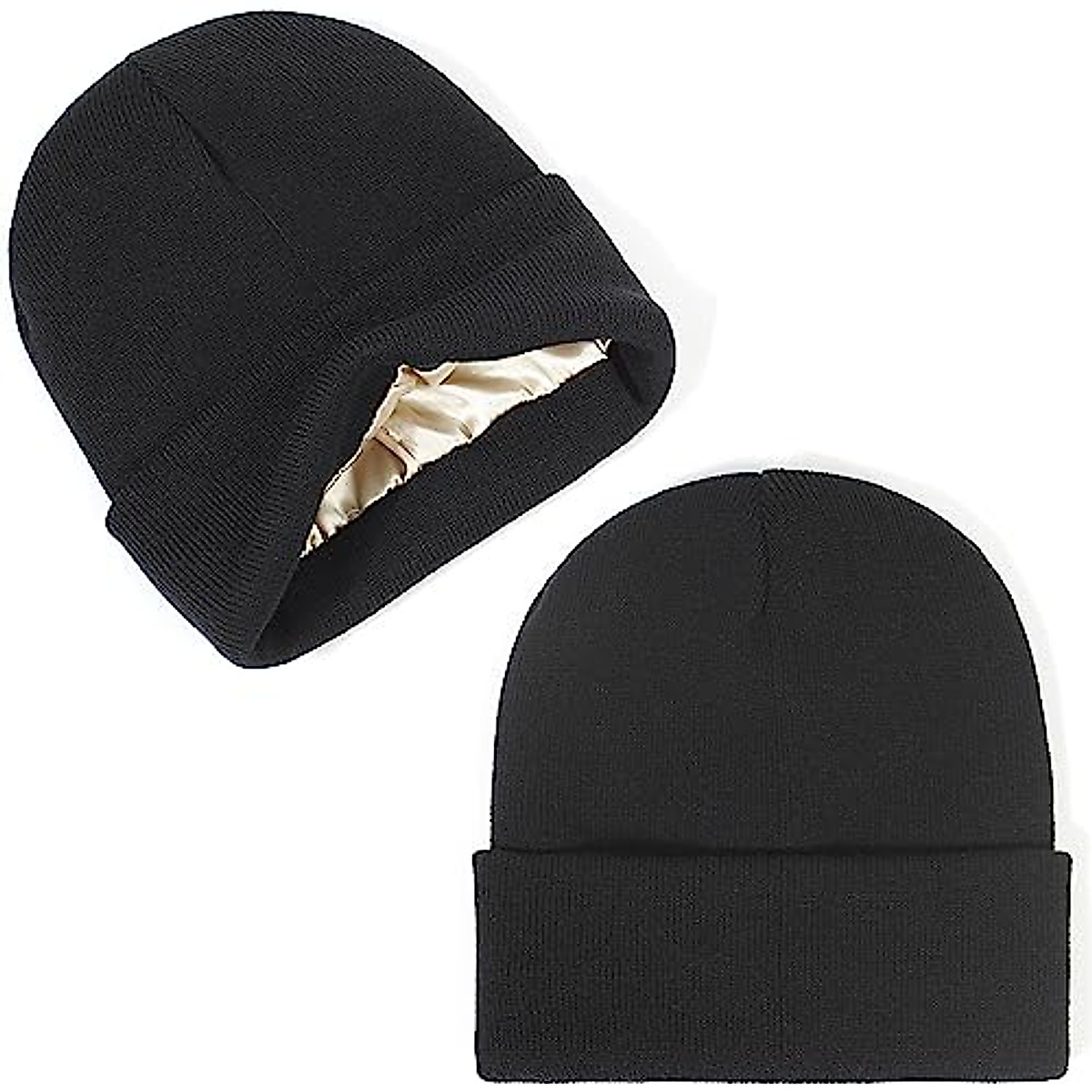 Unisex Satin Lined Winter Beanie for Women Men Silky Lining Slouchy Skull Cap Knitted Cuffed Skiing Knit Hat(Black & Dark Grey)