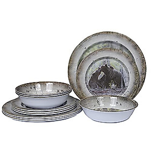 Melamine Dinnerware set for 4 - Dinner Plates Bowls Set 12 PCS Durable BPA Free Dishwasher Safe Shatter-Proof Chip Resistant for Indoor Outdoor, Bear