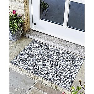 Front Door Mat, Non - Slip Absorbent Door Entry Mats, Doormats Indoor/Outdoor Entrance Small Rugs, Moroccan Vintage Ceramic Tiles Design Floral Forms Doormat - Floor Mats for Home 16x24 Inch