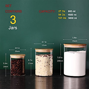 Tzerotone Glass Flour and Sugar Containers, Set of 3 Large Glass Flour Canister with Airtight Lids, Glass Pantry Storage Containers for Flour, Suger, Rice, Salt (100 OZ/54 OZ/27 OZ)