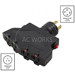 AC WORKS L14-30 30Amp 4-Prong Locking Generator Distribution Cord (L14-30 to Four 15/20A Household with Breaker)