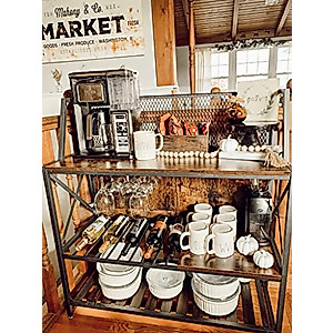 Bestier Bar Table with Storage Coffee Bar Cabinets for Liquor and Glasses, Wine Rack Freestanding Floor with Glass Holder for Home Kitchen Dining Room Basement,Rustic Brown