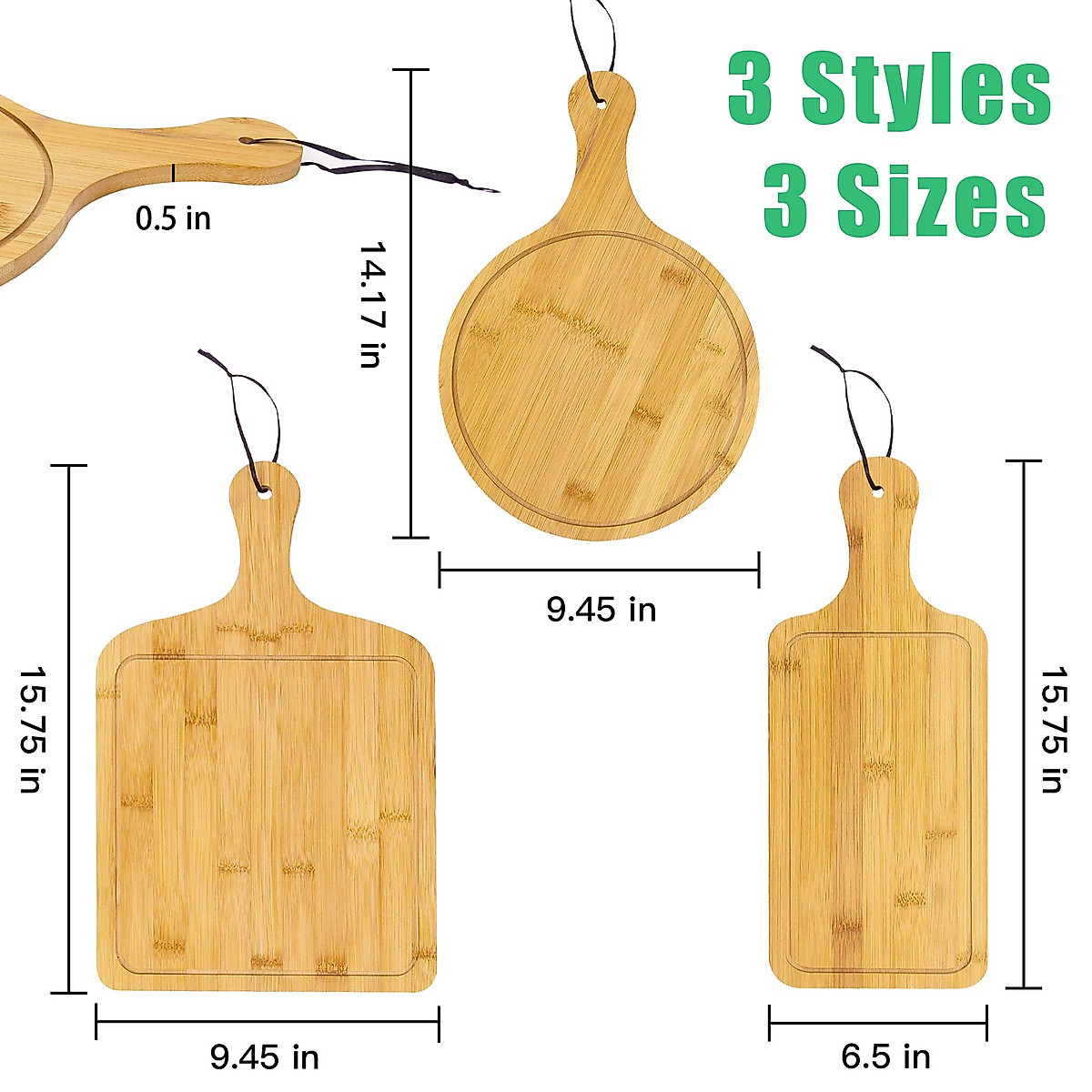 Ricawa Wood Cutting Board Set 3PCS, Kitchen Bamboo Cutting Board, Chopping Board with Juice Groove and Handle – Wood Serving Tray for Meet, Bread, Pizza, Cheese, Fruit &Vegetables(3 Pack, 3 Style)