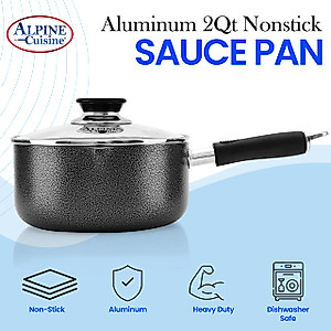 Alpine Cuisine Sauce Pan 2 Quart Nonstick Coating Soft Touch Bakelite Handle with Glass Lid, Nonstick Sauce Pans for All Stoves, Multipurpose Use for Home Kitchen & Restaurant - Dishwasher Safe