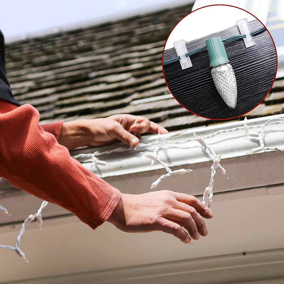 CXLHO 50 Pieces Christmas Holiday Light Hanger Hooks, 1.62" Fascia Boards Clips White, Plastic Holiday Light Clips for C7, C9, Mini String Lights Outdoor Roof Roofline Deck Eave Christmas Decoration