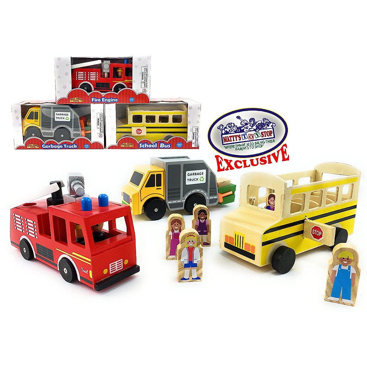 Matty's Toy Stop Deluxe Wooden Vehicle Set Featuring a School Bus (with 5 Play Figures), Fire Engine (Fire Truck) and Garbage Truck Gift Set Bundle - 3 Pack