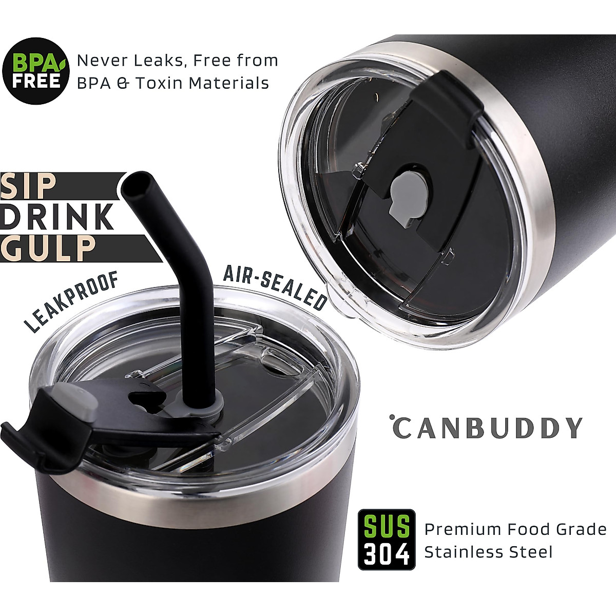 CANBUDDY 30 oz Stainless Steel Insulated Tumbler with 2 Lids, Straw, and Handle | Vacuum Thermal Hot & Cold Coffee Travel Mug | Leakproof and Stylish (Majestic Black)