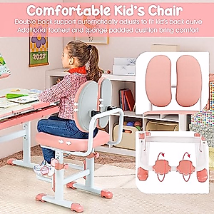 Costzon Kids Desk and Chair Set, Height-Adjustable Student Study Desk with Tiltable Desktop, Book Stand, Ergonomic Chair with Footrest, Writing Table & Chair Set for Boys Girls (Pink)
