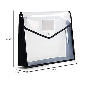 Plastic File Folder Poly Envelope Expanding File Wallet Document Folder with Snap Button Closure, Legal Size, 5 Pack Large Waterproof Accordion File Pouch (Transparent&Black)