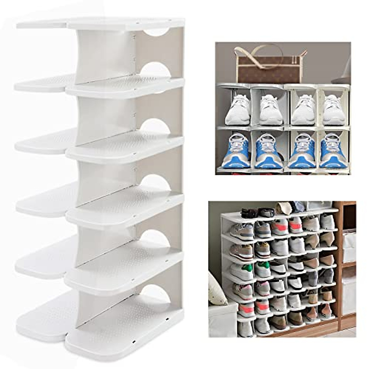 TXALWIQ 6-Tier Narrow Shoe Organizer, Adjustable Cubby Shoe Rack for Closet, Free Standing Shoe Slot Tower for Entrance, Stackable Space-Saving Shoe Storage Shelf for Entryway, White