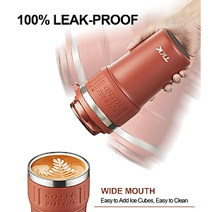 TKK Insulated Coffee Thermos with Ceramic Coating, 21oz Iced Coffee Tumbler Cup with Straw Lid Double Wall Vacuum Leak Proof Travel Mug with Strap for Hot and Iced Beverage, Red