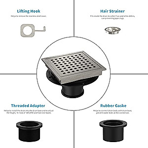 6 Inch Square Shower Floor Drain, Brushed Nickel High Flow Shower Drain Kit with Flange, Removable Grid Cover and Hair Filter, Food-Grade SUS 304 Stainless Steel, CUPC Certified(Brushed Nickel)