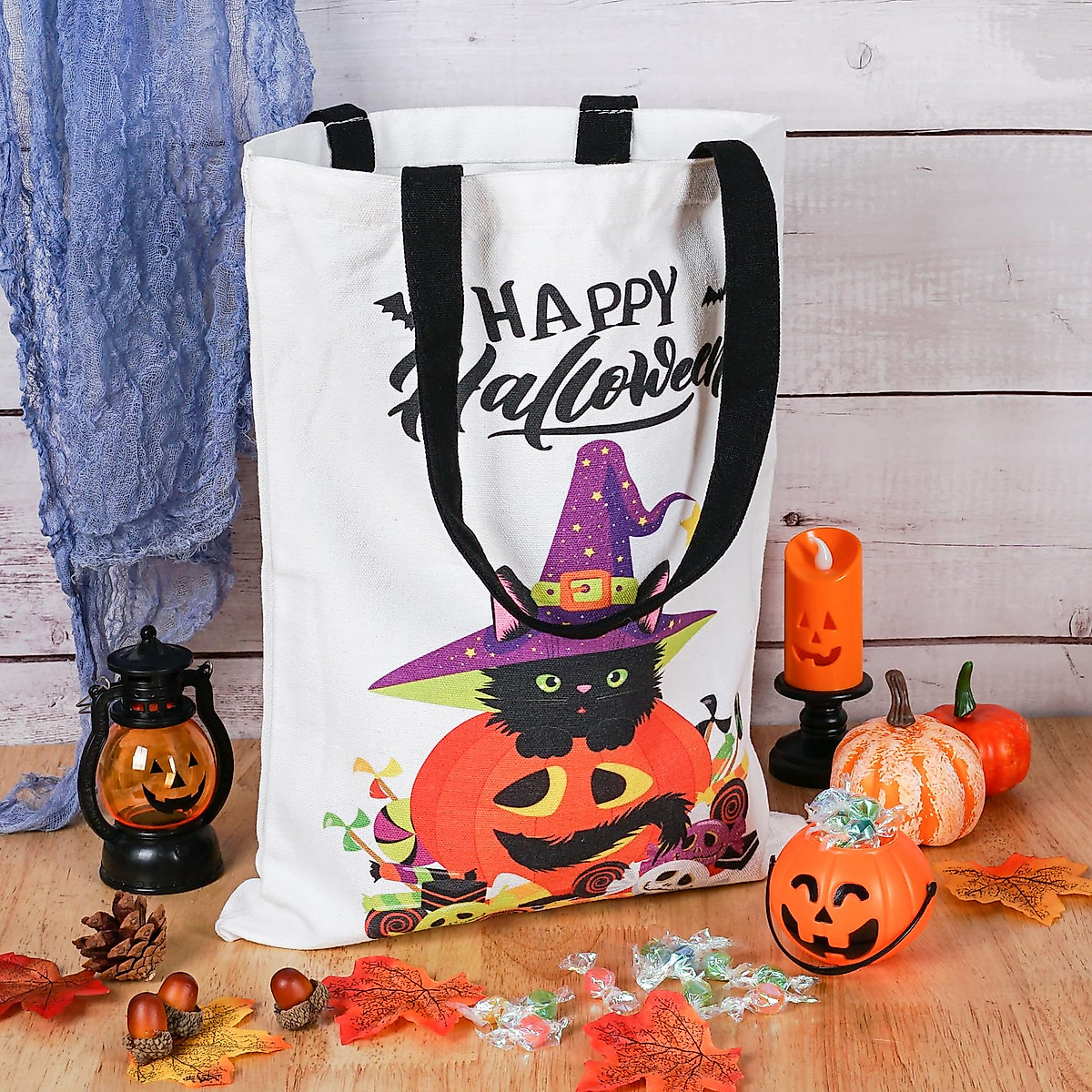 ATFUNSHOP Halloween Tote Bag 15.7'' Trick or Treat Bag Halloween Canvas Bags Reusable Large Halloween Grocery Bag for Kids Cat