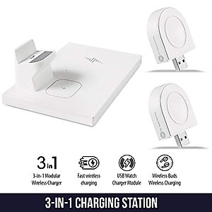 Wasserstein 3-in-1 Wireless Charging Station Compatible with Samsung Galaxy Buds/Galaxy Watch/Smartphone, and Compatible with AirPods/iPhone, Huawei/Sony/Google Smartphone & Other Qi-Enabled Devices